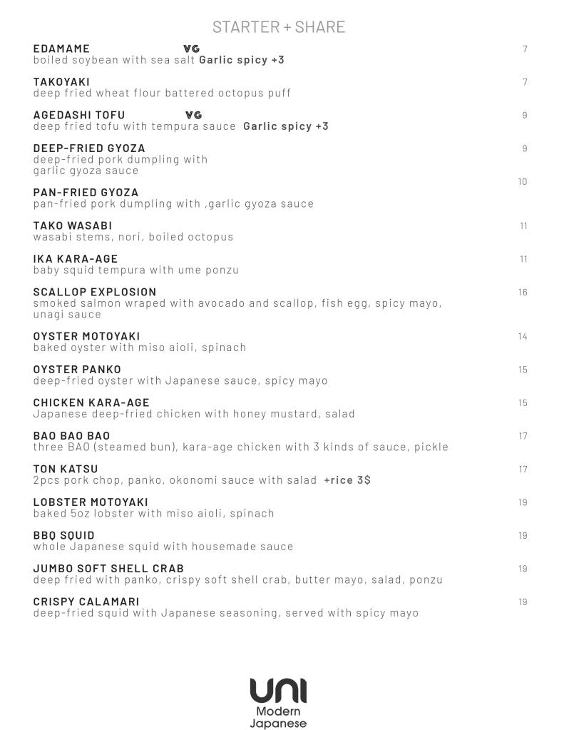 Food Menu – UNI MODERN JAPANESE RESTAURANT