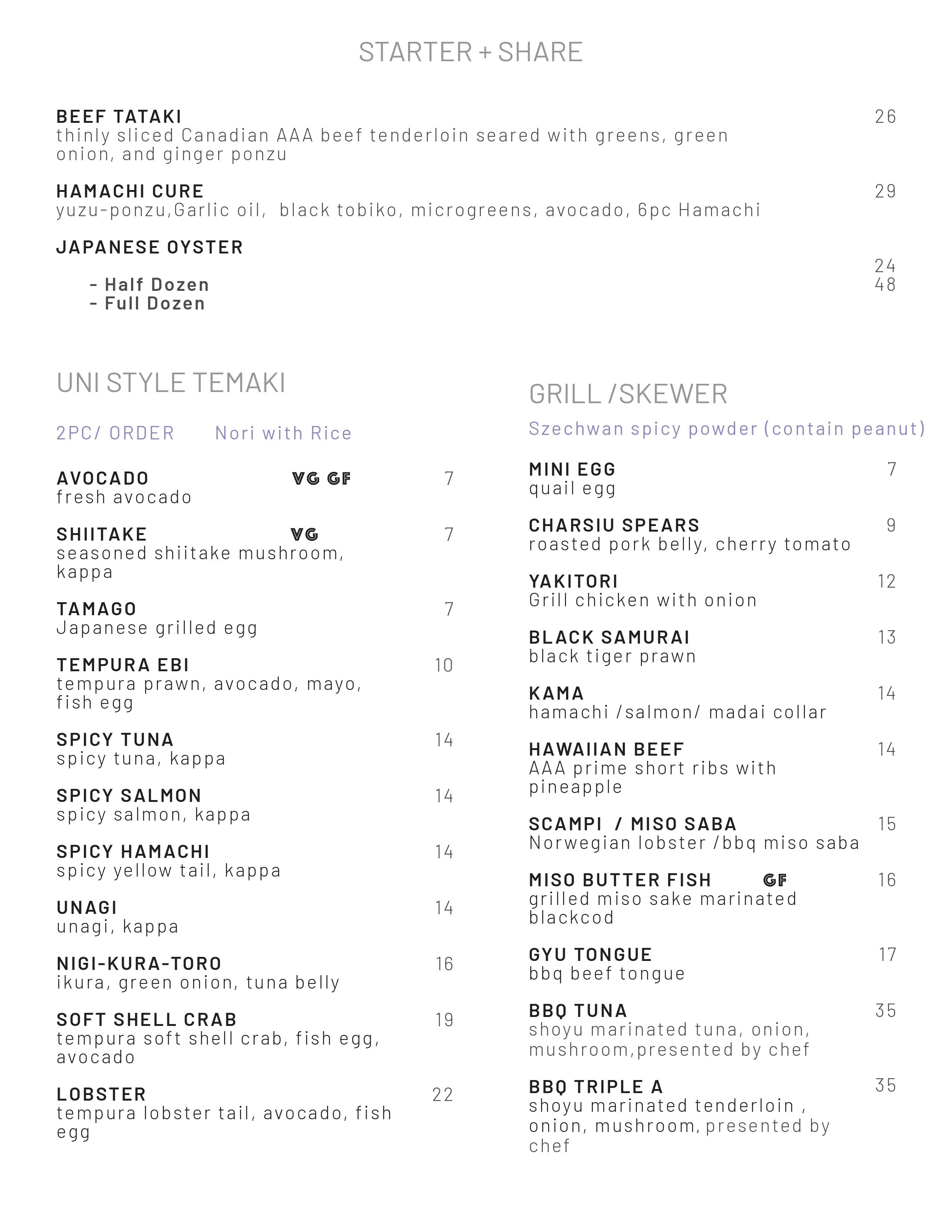 Food Menu – UNI MODERN JAPANESE RESTAURANT