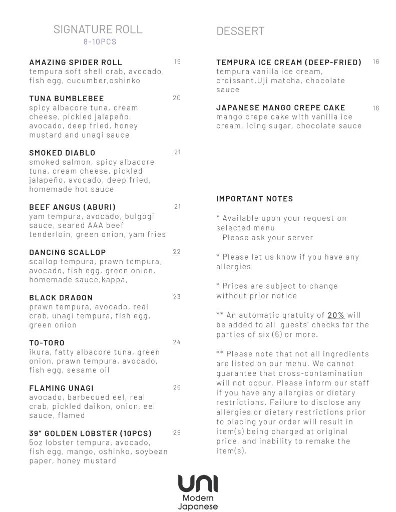 Food Menu – UNI MODERN JAPANESE RESTAURANT