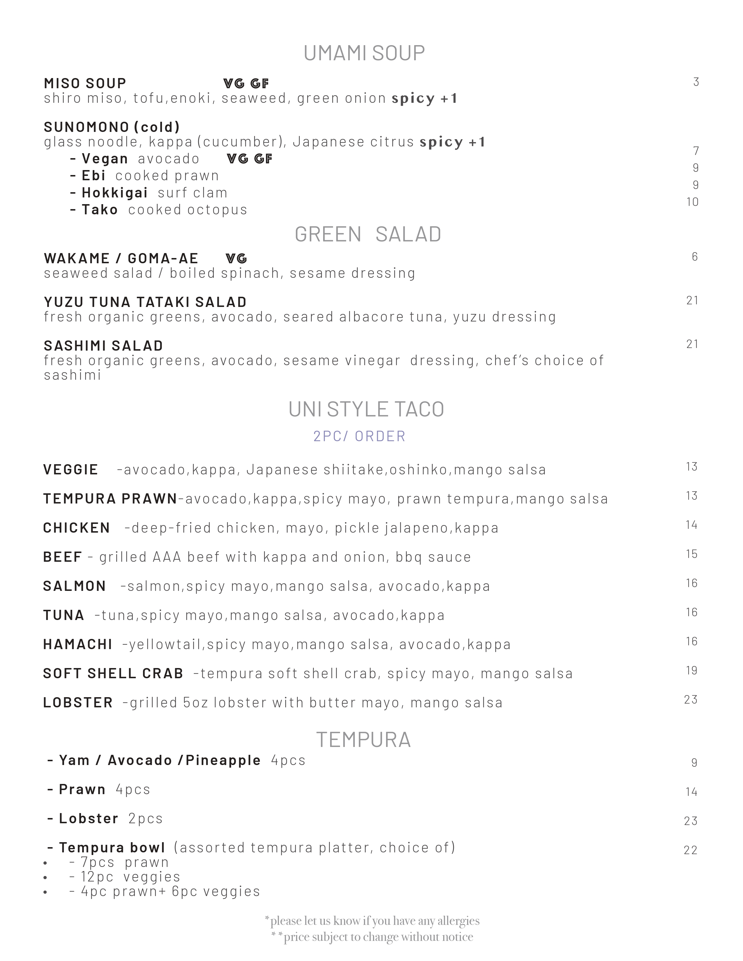 Food Menu – UNI MODERN JAPANESE RESTAURANT