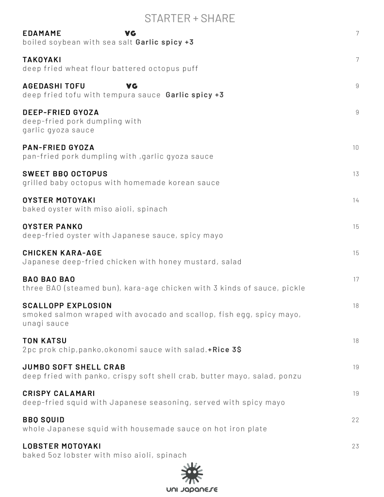 Food Menu – UNI MODERN JAPANESE RESTAURANT