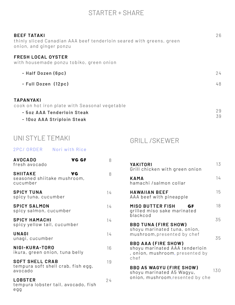 Food Menu – UNI MODERN JAPANESE RESTAURANT